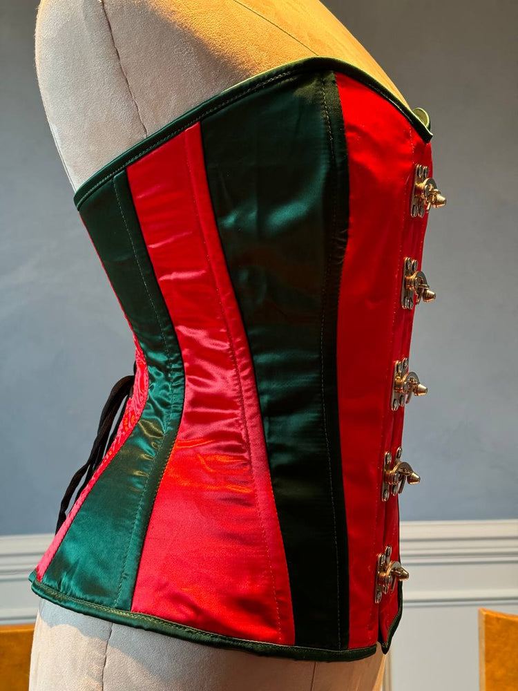 Overbust red and green satin in Santa style with steampunk closure hoo ...