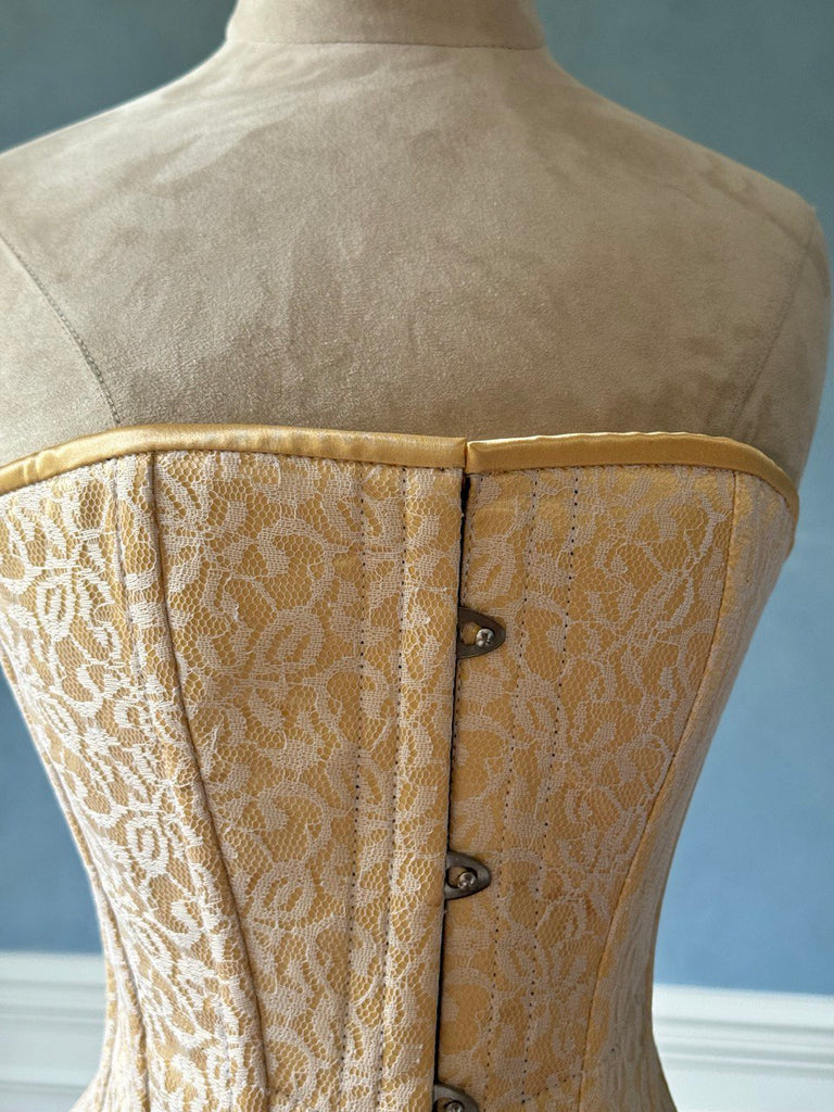 Historical pattern Edwardian overbust corset from satin and floral mes ...