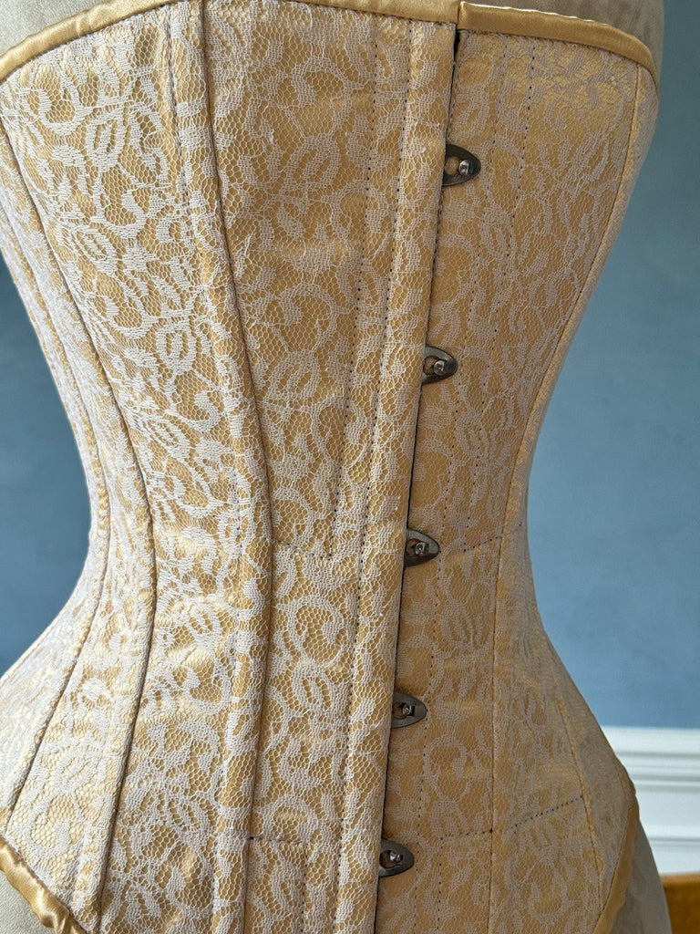 Historical pattern Edwardian overbust corset from satin and floral mes ...