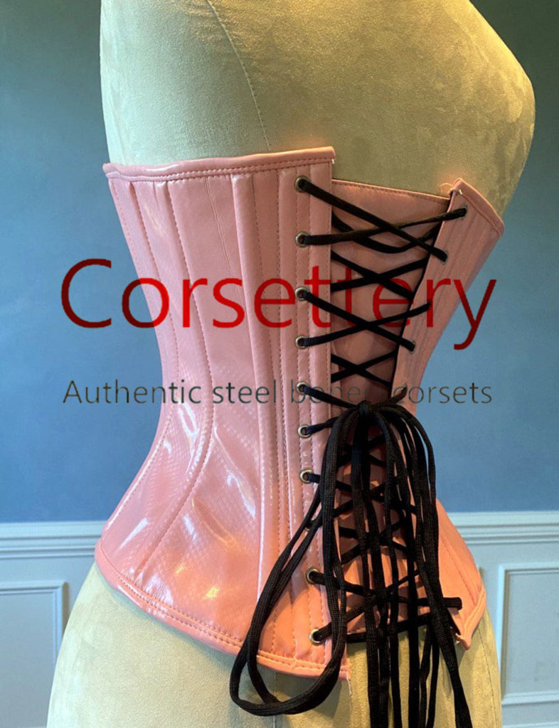 Fake pink leather Edwardian pattern PVC corset. Steelbone custom corse ...