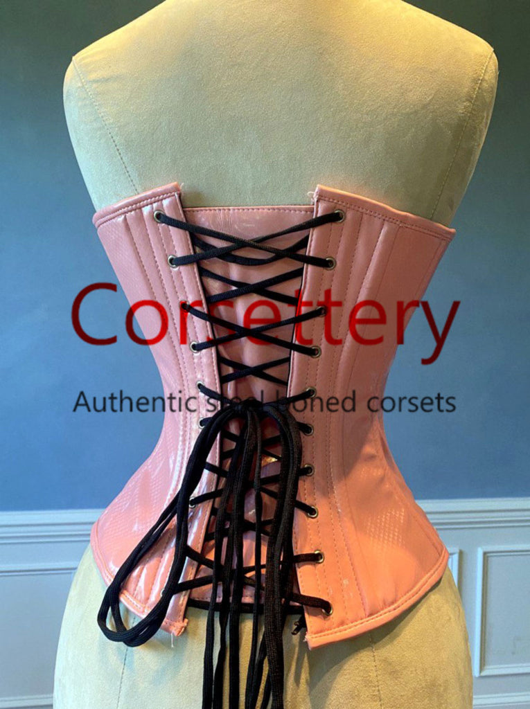 Fake pink leather Edwardian pattern PVC corset. Steelbone custom corse ...