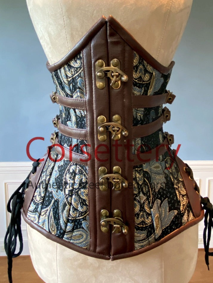 Double row steel boned authentic underbust brocade corset with leather ...
