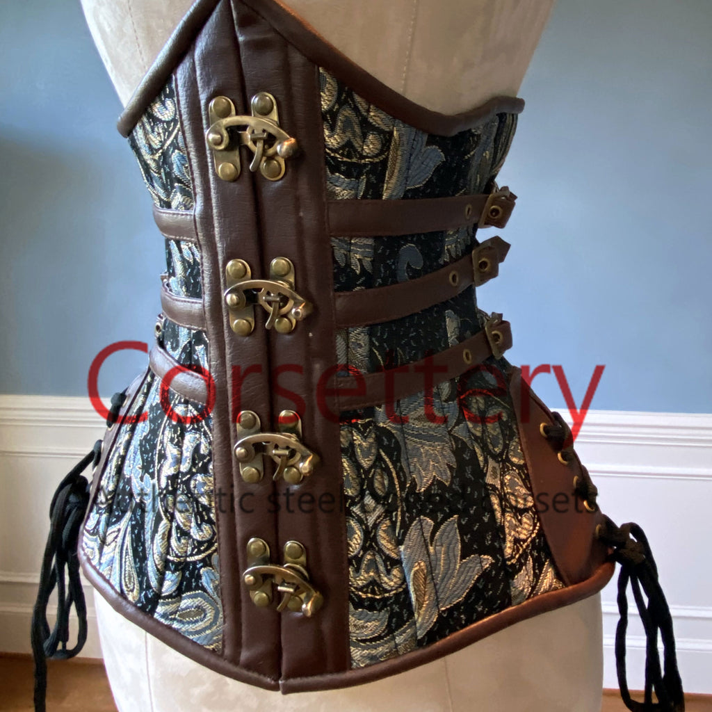 Double row steel boned authentic underbust brocade corset with leather ...