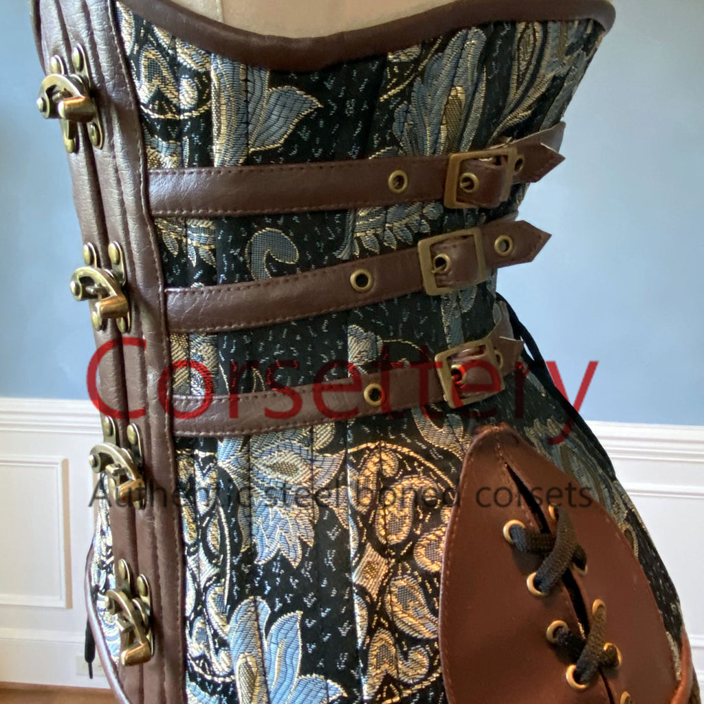 Double row steel boned authentic underbust brocade corset with leather ...