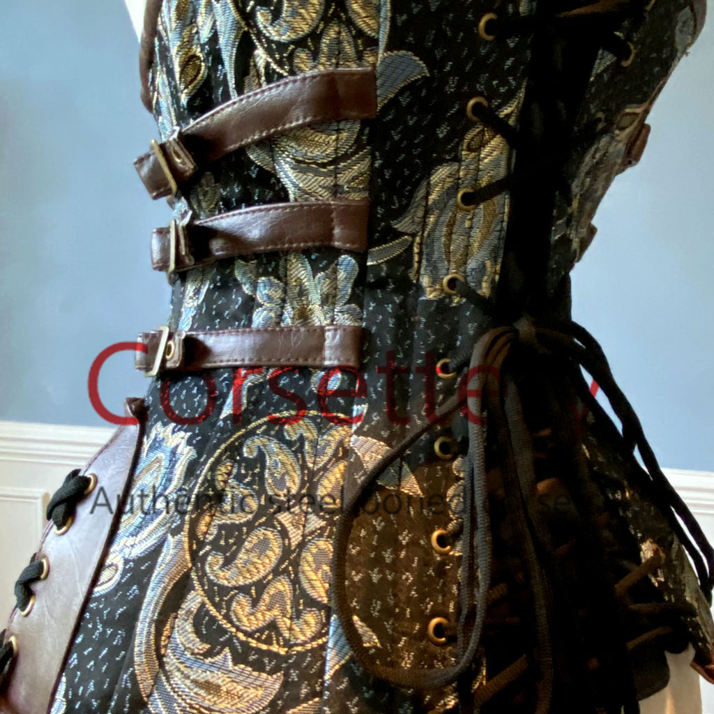 Double row steel boned authentic underbust brocade corset with leather ...