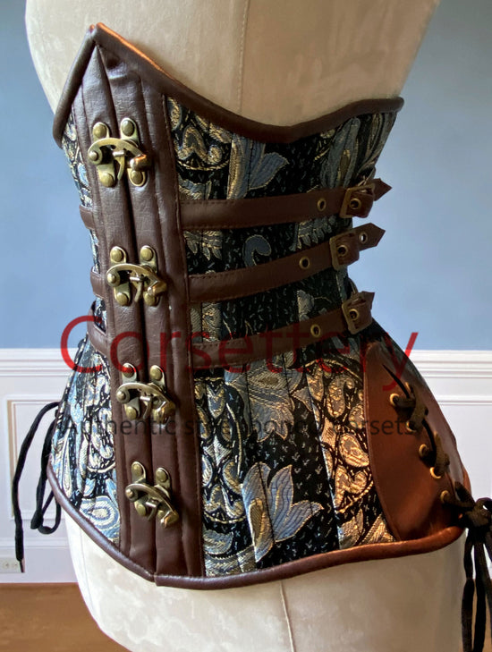 Double row steel boned authentic underbust brocade corset with leather ...