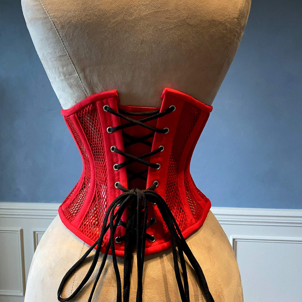 Real steel boned underbust underwear red corset from transparent mesh ...